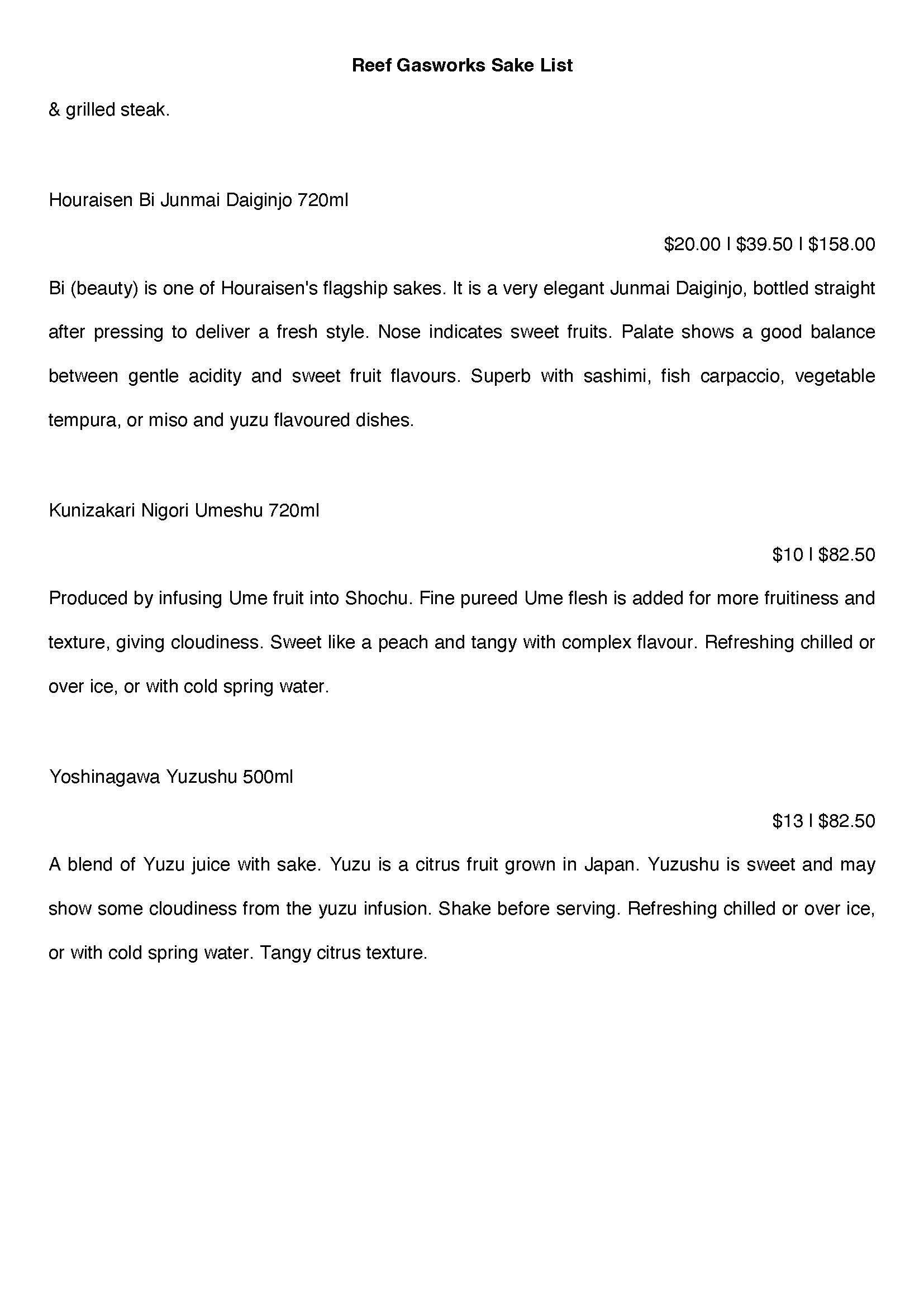 Menu | Reef Gasworks